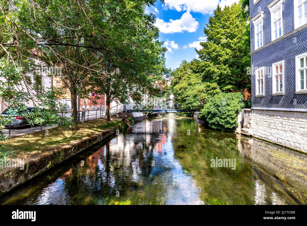 old historic houses at idyllic river Gera in Erfurt, Germany Stock ...