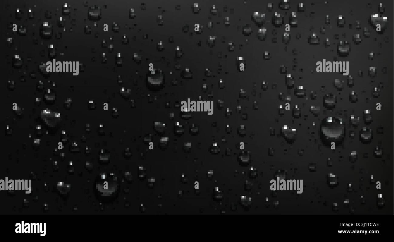 Condensation water drops on black glass background. Rain droplets with ...
