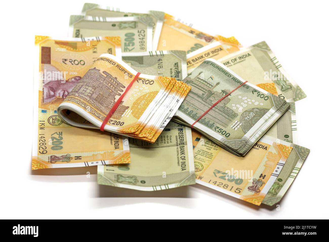 A closeup shot of 200 and 500 Indian rupees isolated on a white ...