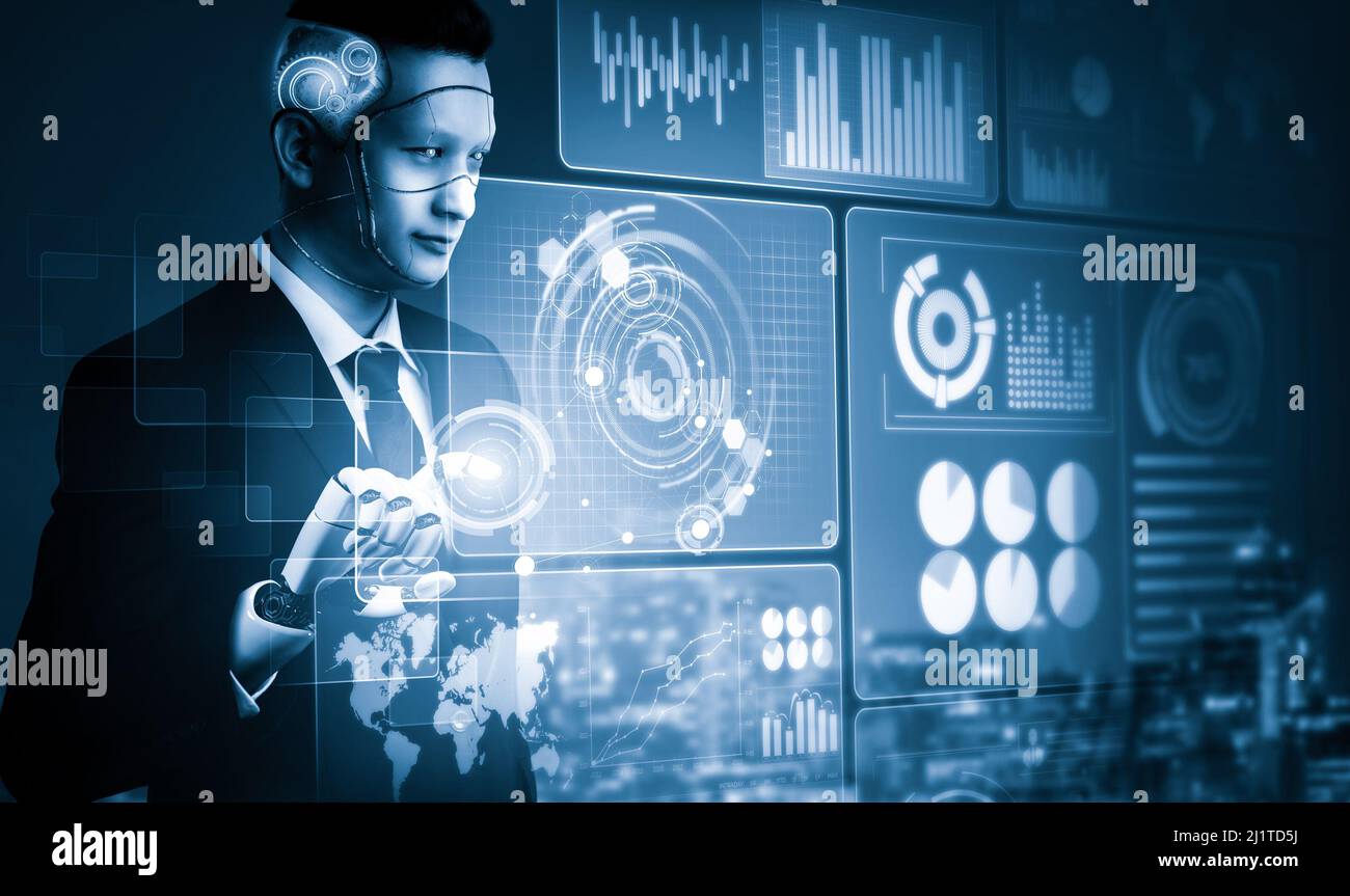 3D rendering futuristic droid robot technology development, artificial ...