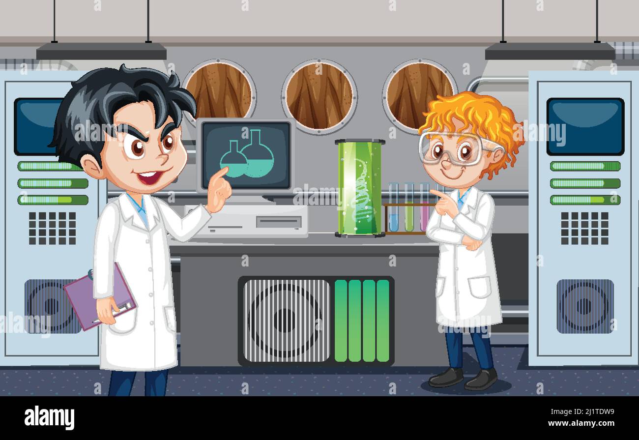 Science laboratory for chemical experiments with scientist illustration ...