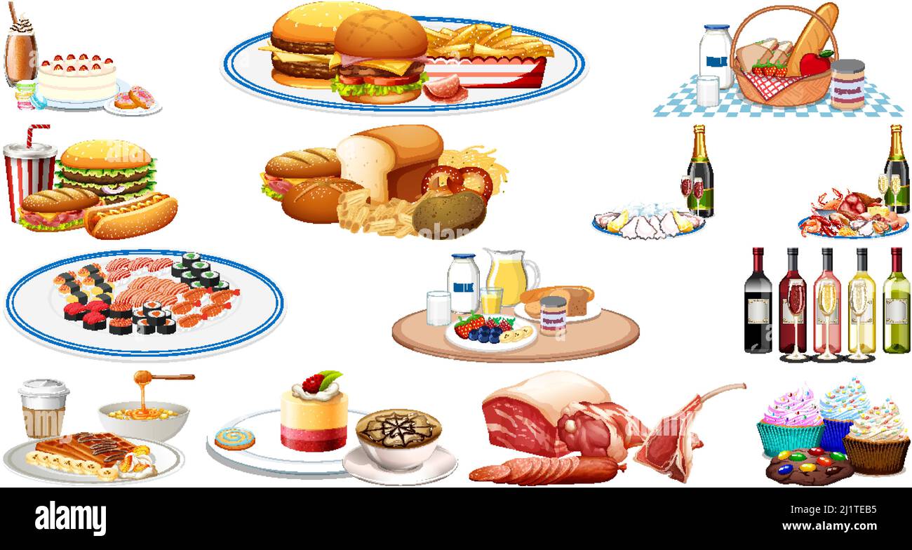 Set of different foods and beverages illustration Stock Vector Image ...