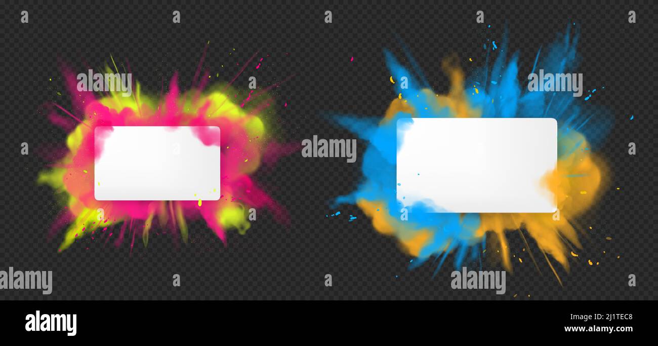 Holi paint powder color explosion banner realistic vector. Blue pink ...