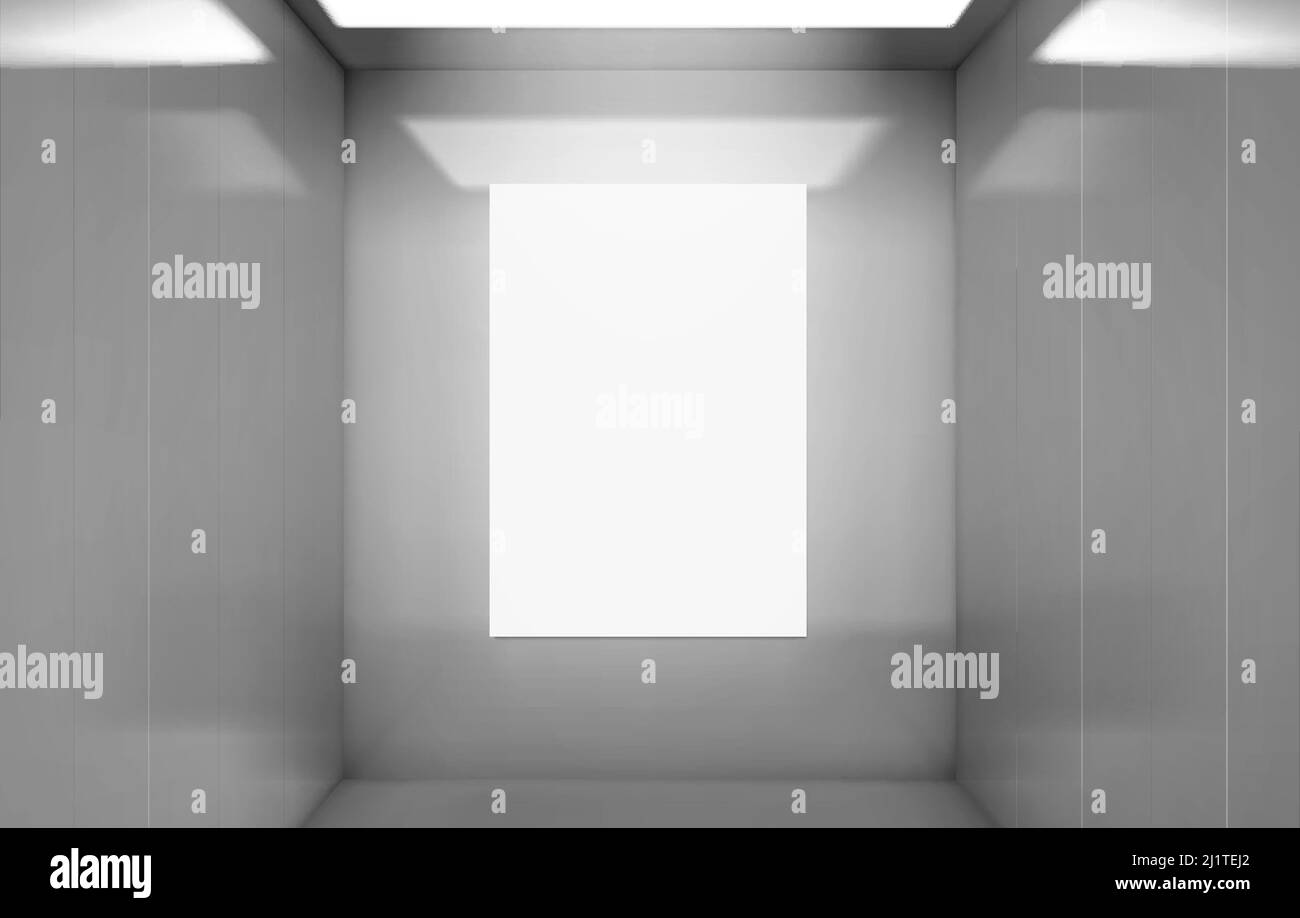 Realistic elevator cabin with poster mockup inside view. Empty lift ...