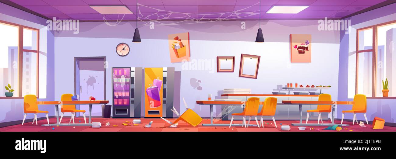 Abandoned school cafe, crashed university canteen, dirty dining room ...