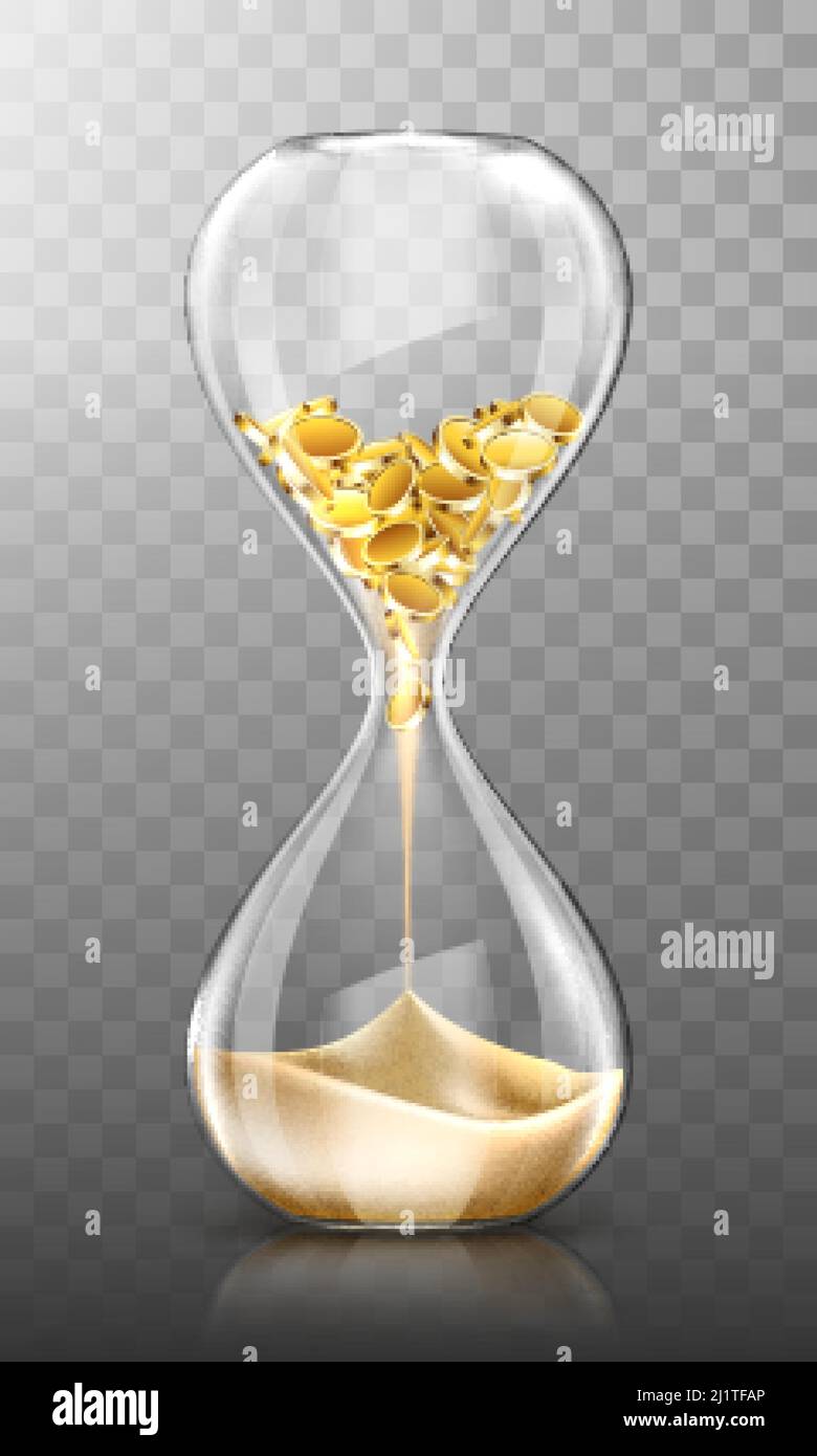 Time is money, hourglass with falling gold coins turn into sand ...