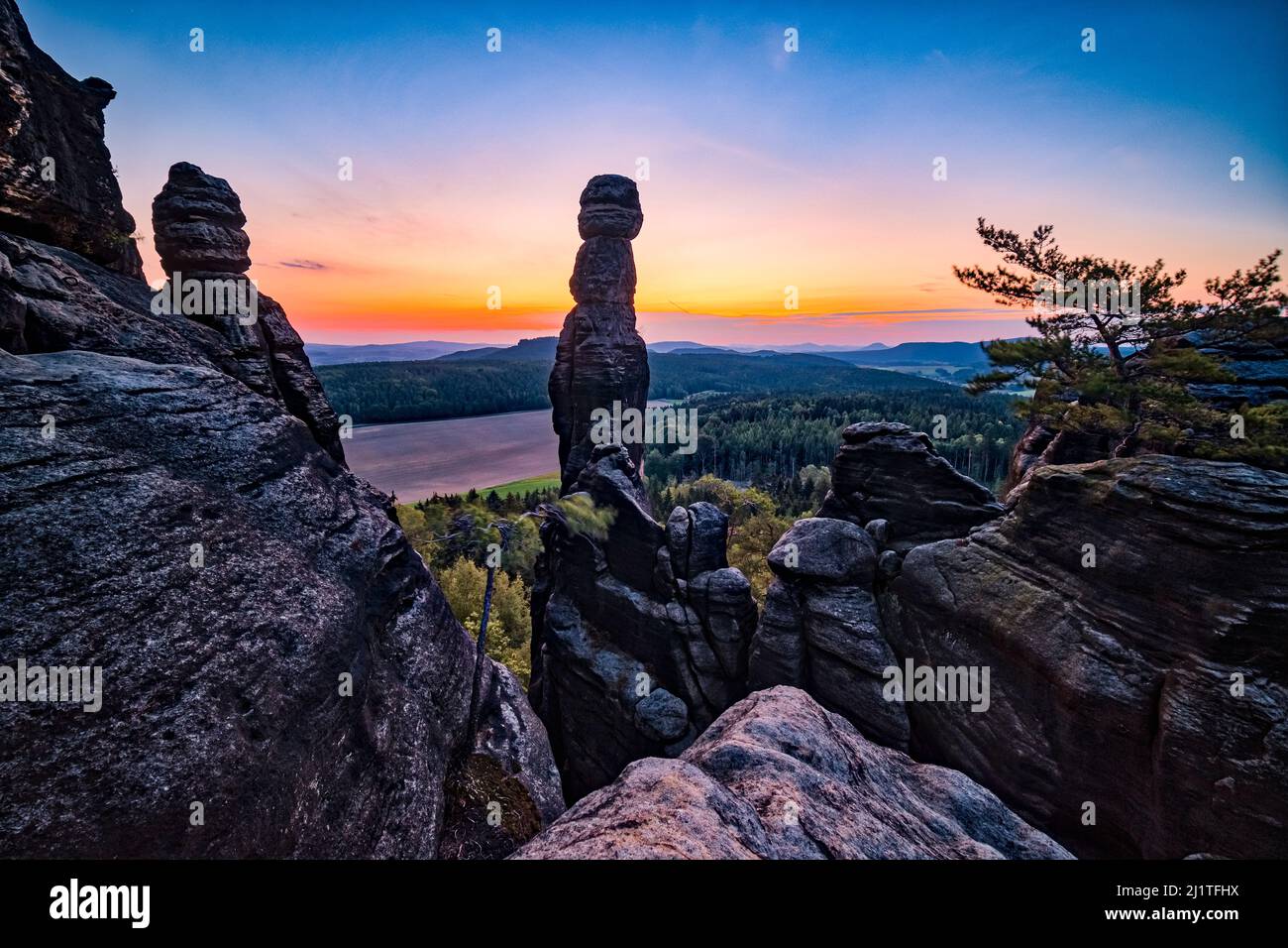 Landscape with rock formations and the summit Barbarine in Pfaffenstein ...