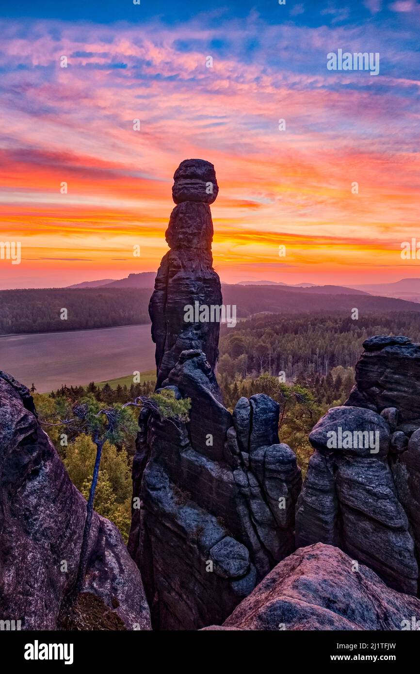 Landscape with rock formations and the summit Barbarine in Pfaffenstein ...