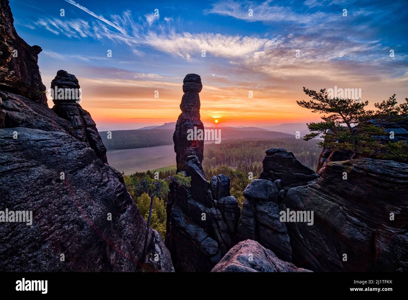 Landscape with rock formations and the summit Barbarine in Pfaffenstein ...