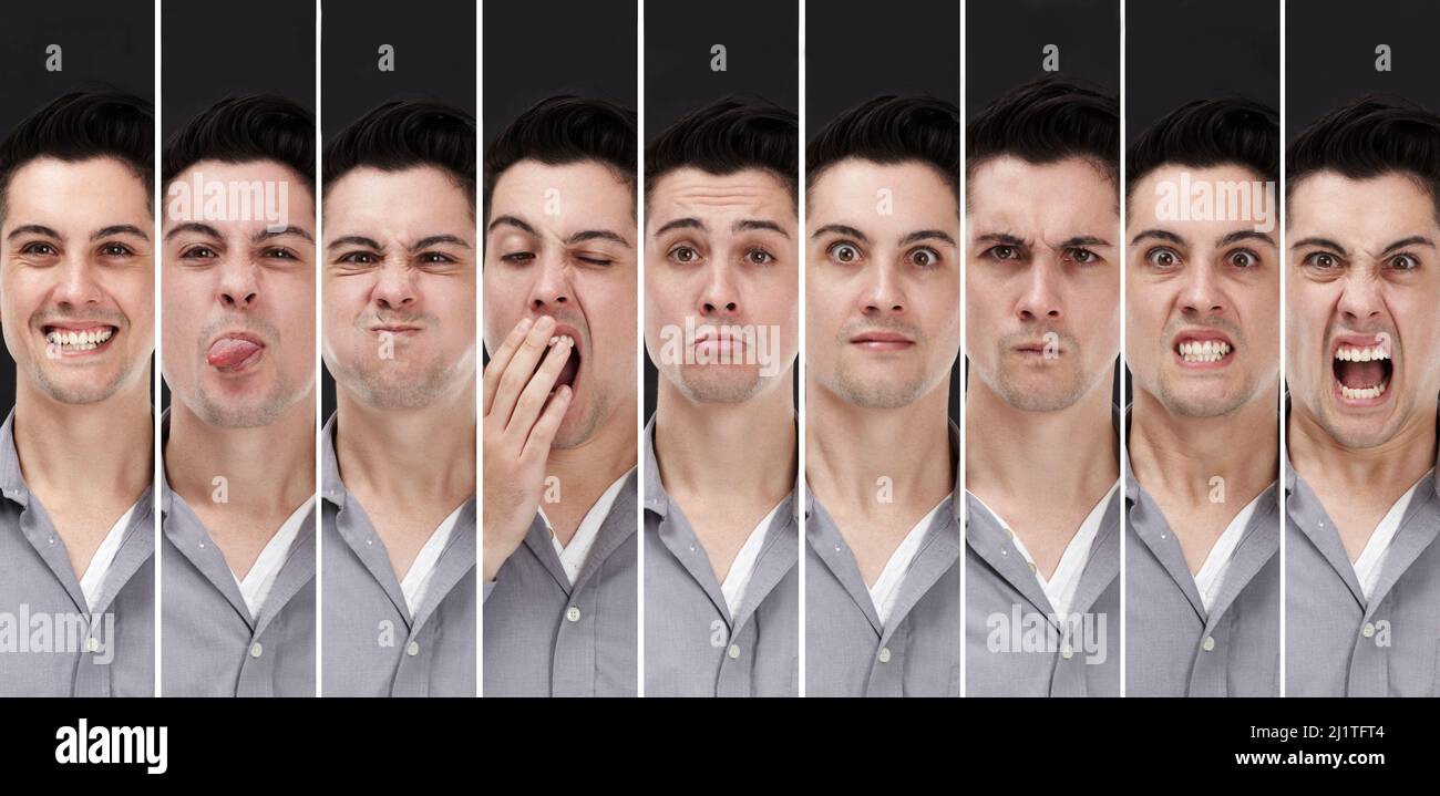 Displaying his many moods. Composite image of a young man displaying ...