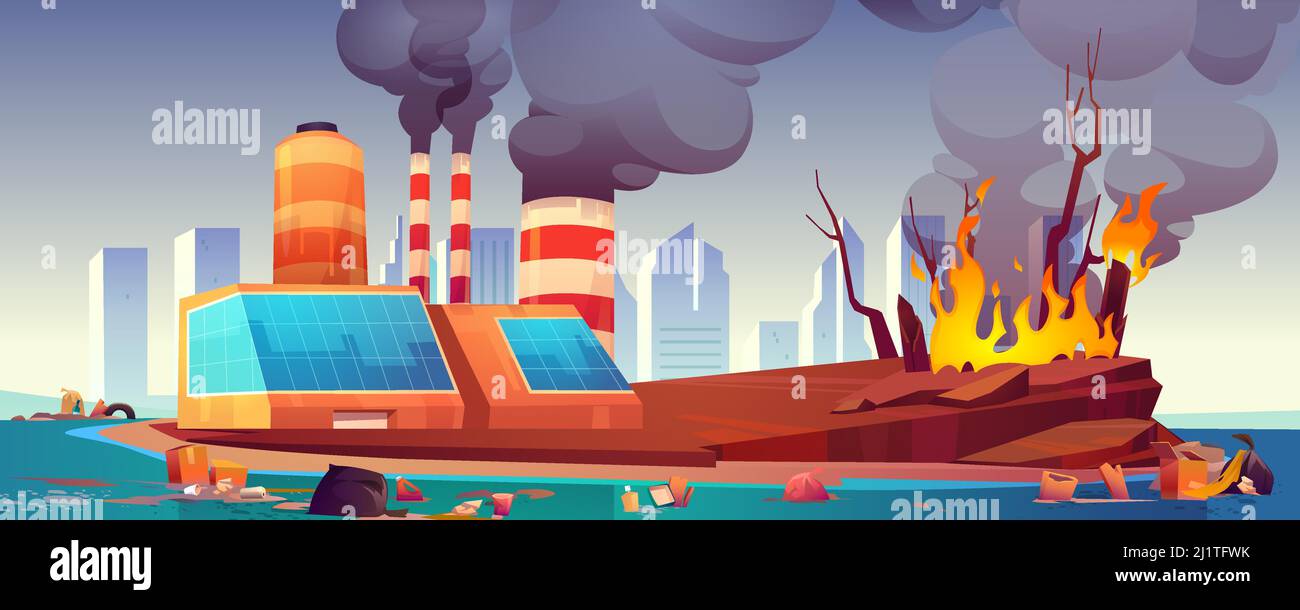 Environment disaster, air and ocean pollution, deforestation. Vector ...