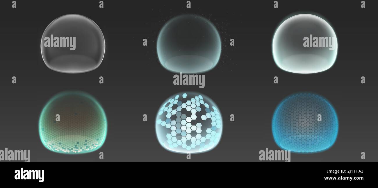 Bubble shields, protection force fields. Vector realistic set of safety ...