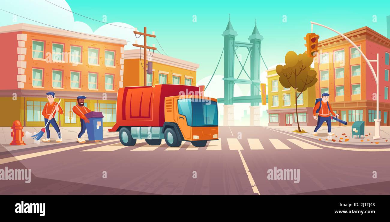 Street cleaning with garbage truck and sweeper characters in city ...