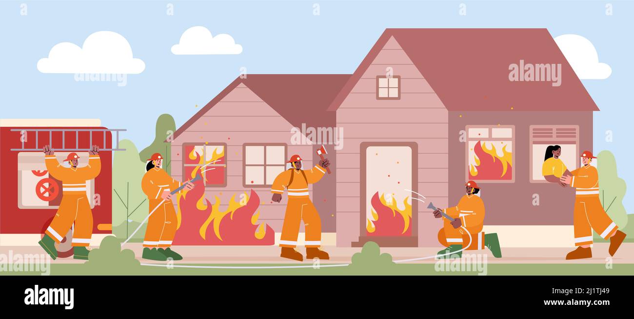 Firemen extinguish ignition and rescue girl from burning house. Vector ...
