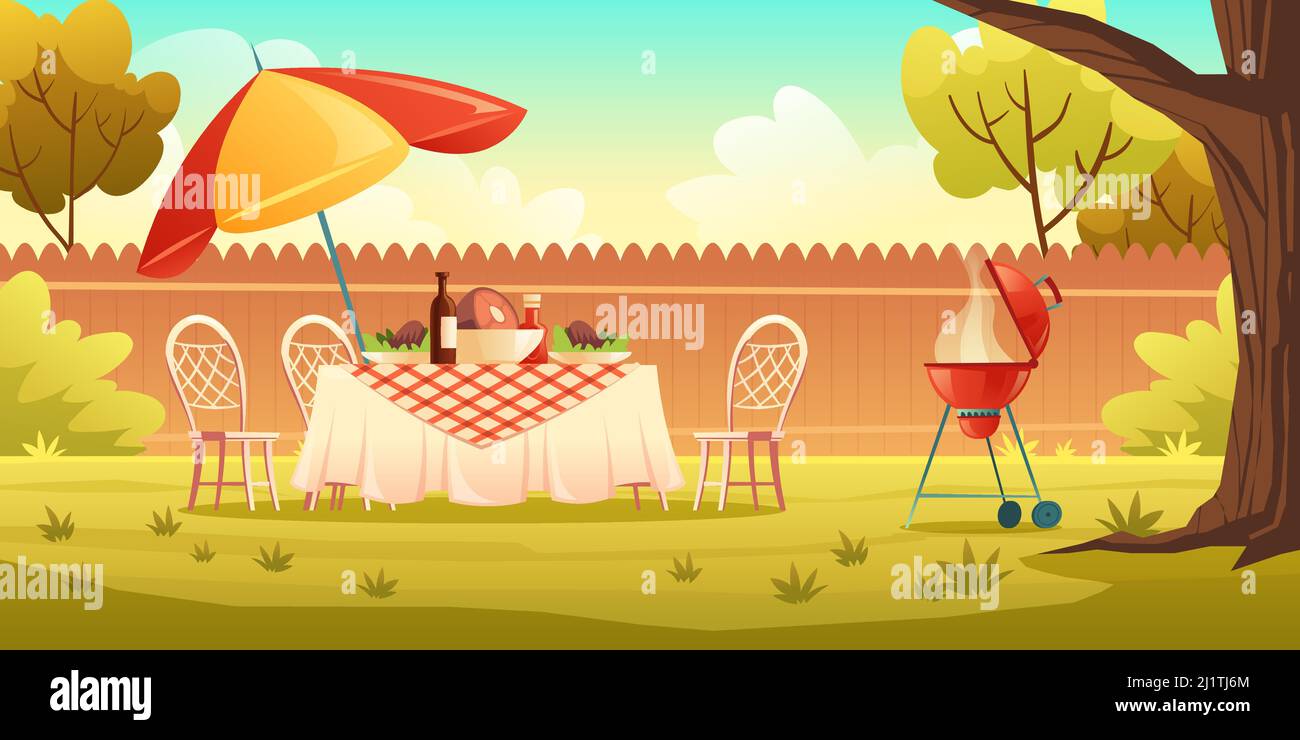 BBQ party on backyard with cooking grill, food on table, chairs and ...
