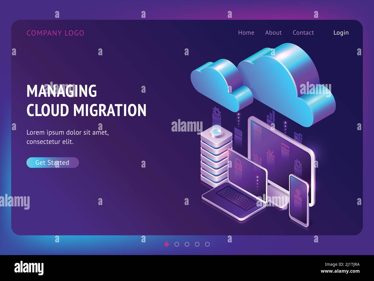 Digital data migration isometric landing page, cloud computing, media ...