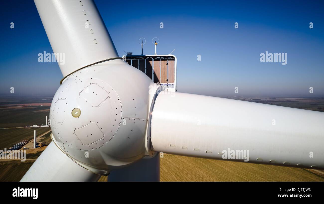 Aerial view of close up windmill turbine in countryside area, Wind ...