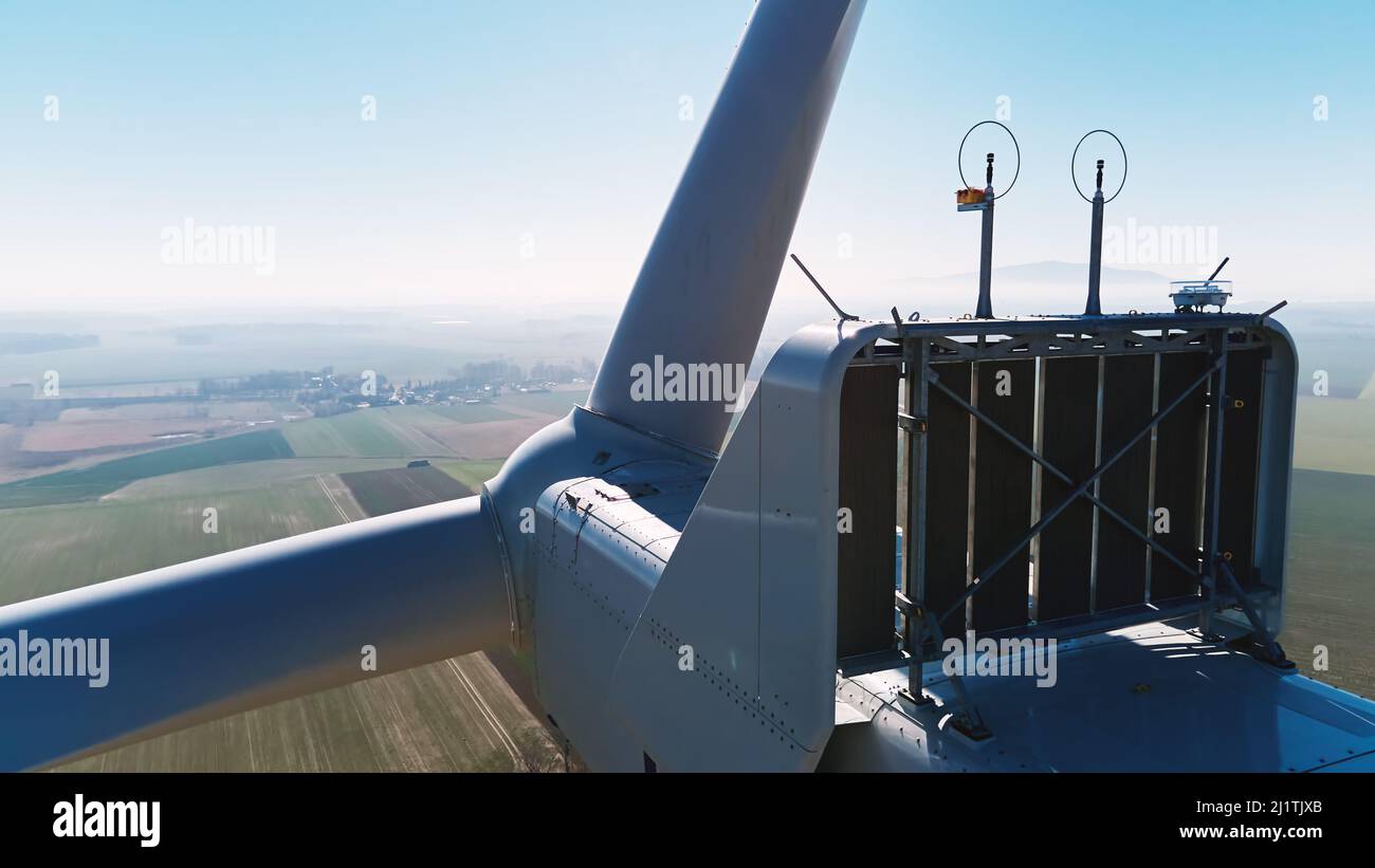Aerial view of close up windmill turbine in countryside area, Wind ...