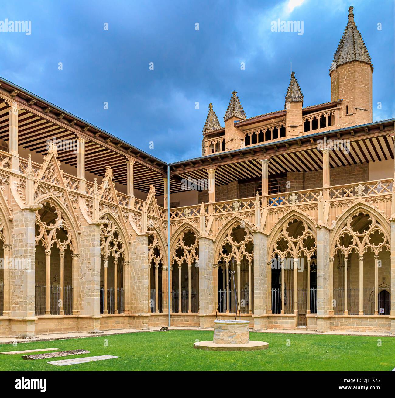 Pamplona, Spain - June 21 2021: Ornate gothic cloister arcade arches of ...