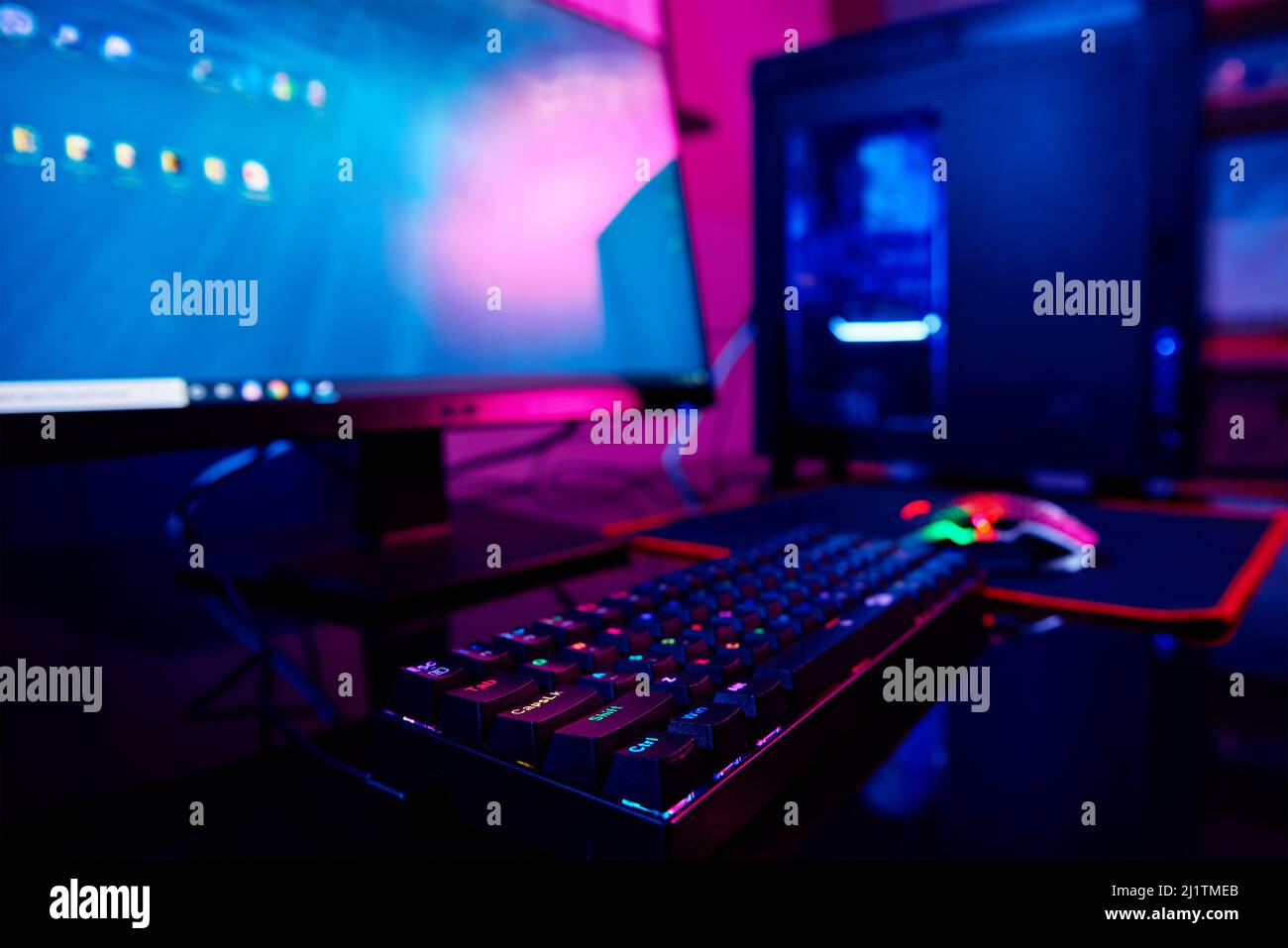 PC with rgb keyboard for gaming computer video games with neon colored ...