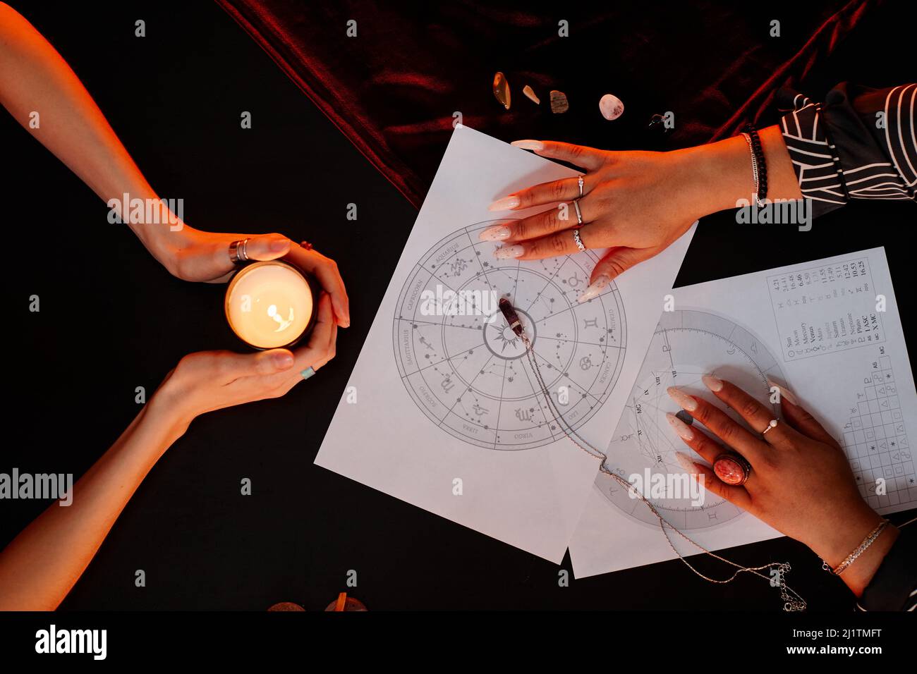 Top view of female fortune teller reading astrology chart for young ...