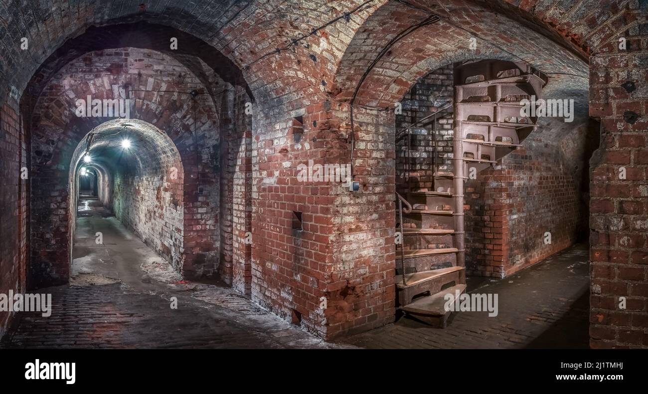 Kaliningrad, Russia - May, 2018. Brick underground corridor and light ...