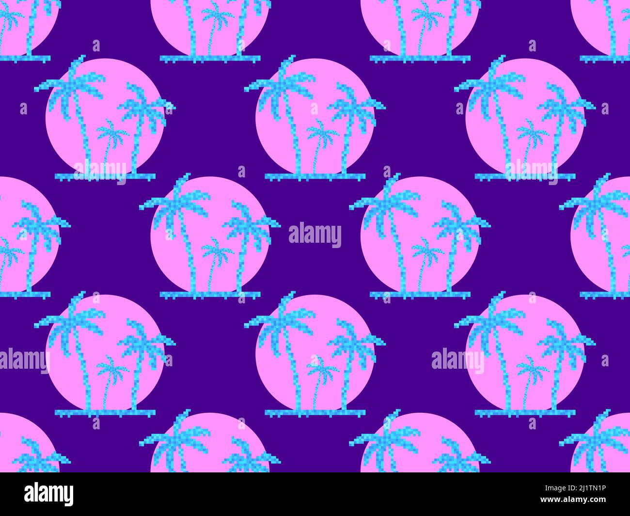 Seamless pattern with pixel palm trees at sunrise in 80s style. 8-bit ...