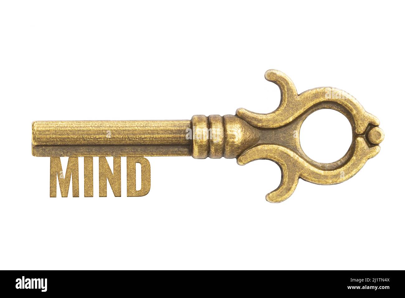 Realistic bronze vintage antique key with word Mind isolated on white ...