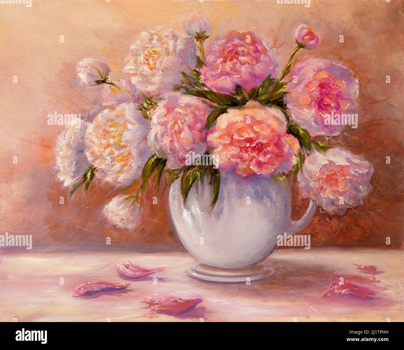 Original oil painting showing pink peony flowers bouquet in a bowl ...