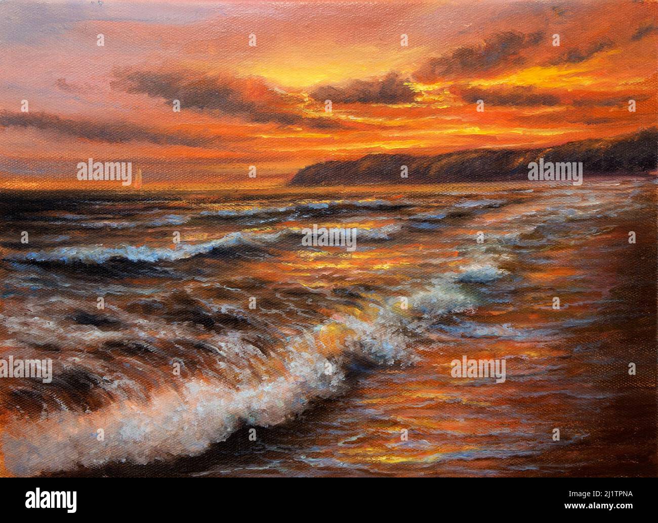 Original oil painting of beautiful golden sunset over ocean beach on ...