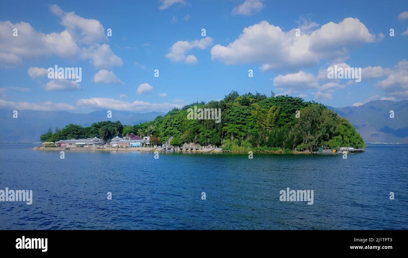 A small island with green forest and small houses in the middle of the ...