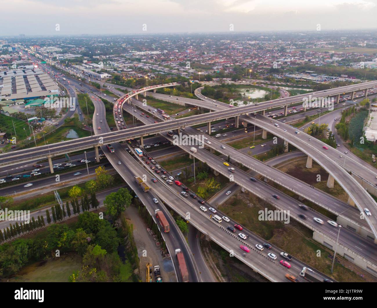 Top aerial view highway interchange of a city building, Expressway with ...