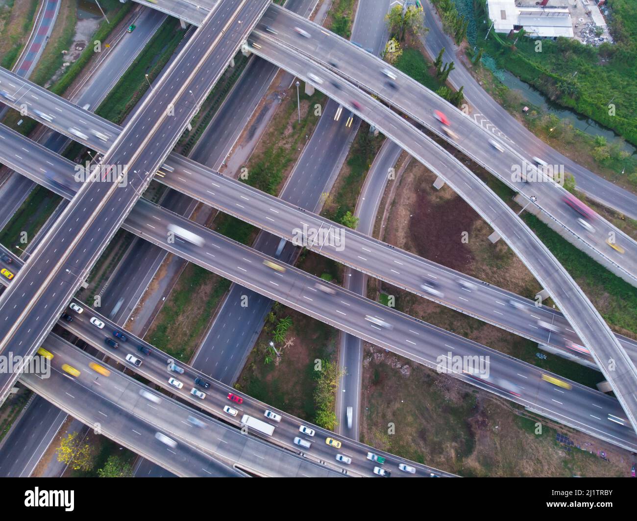 Top aerial view highway interchange of a city building, Expressway with ...