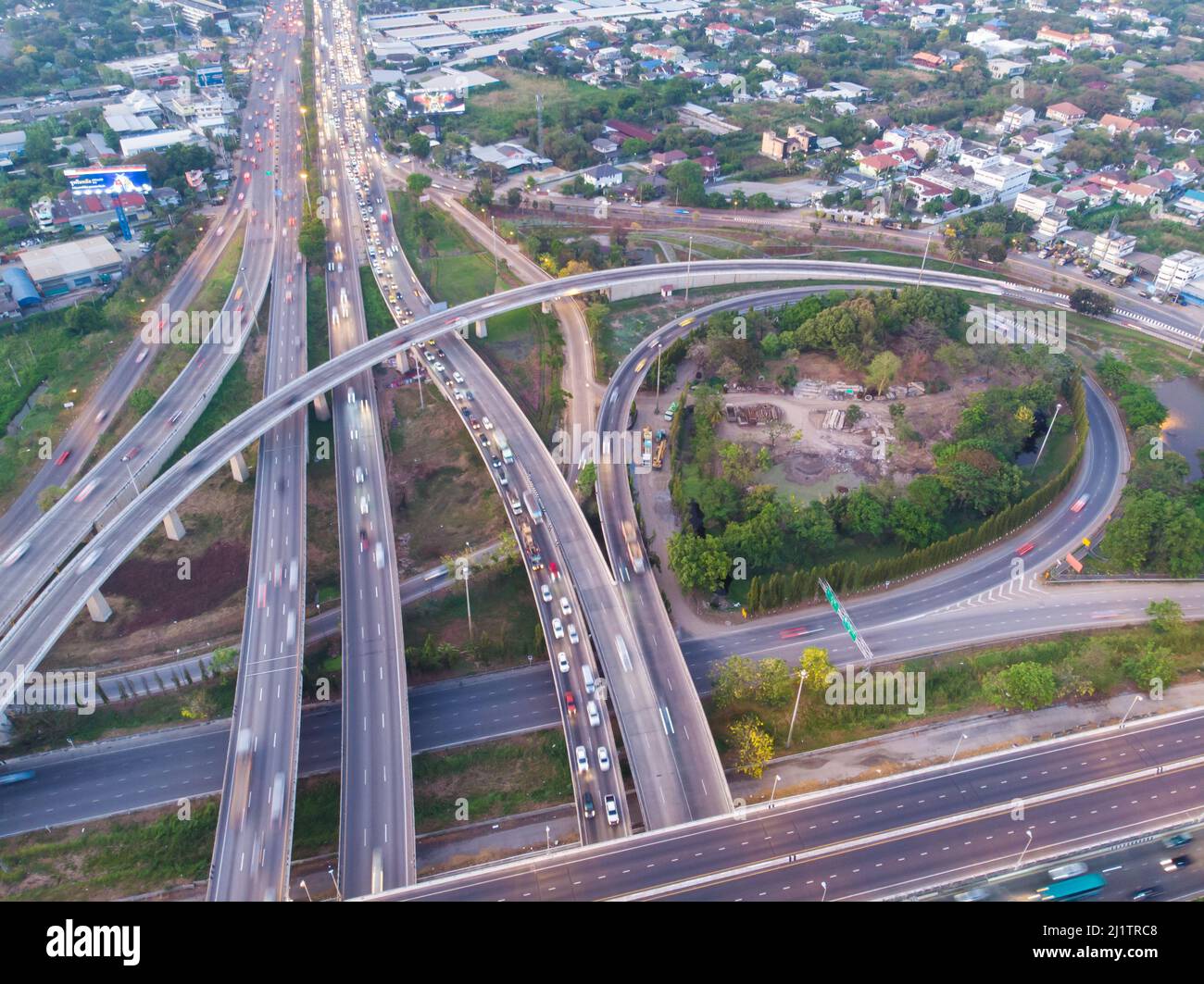 Top aerial view highway interchange of a city building, Expressway with ...