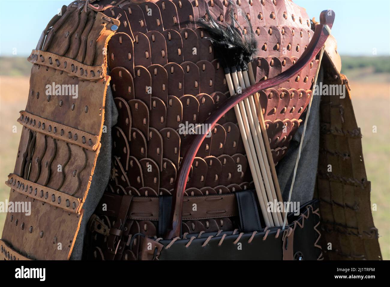Traditional Turkish military outfit. Back view of archer soldier. A ...