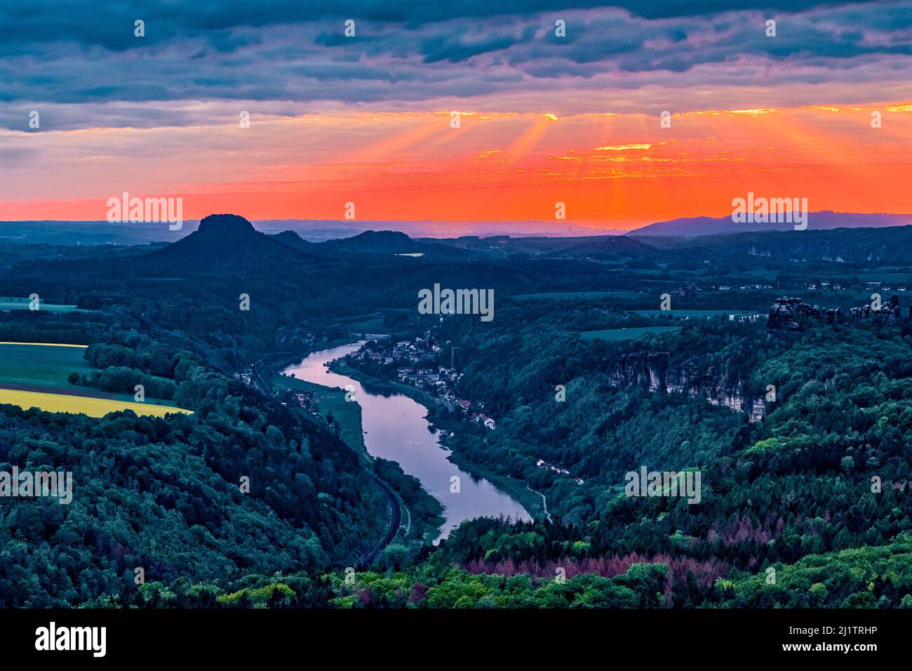 Aerial view of the town Bad Schandau, the Elbe valley and the summit ...