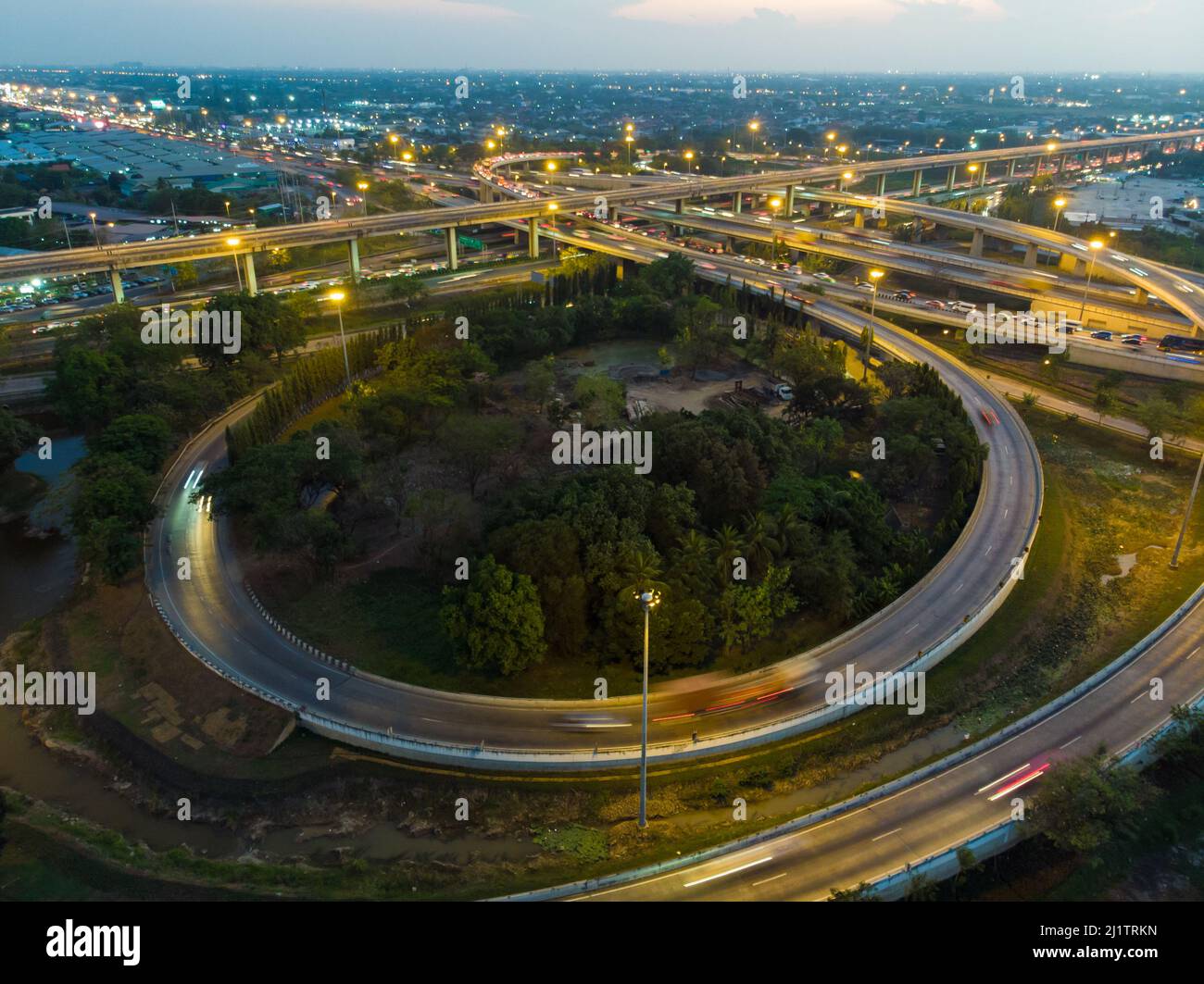 Top aerial view highway interchange of a city building, Expressway with ...