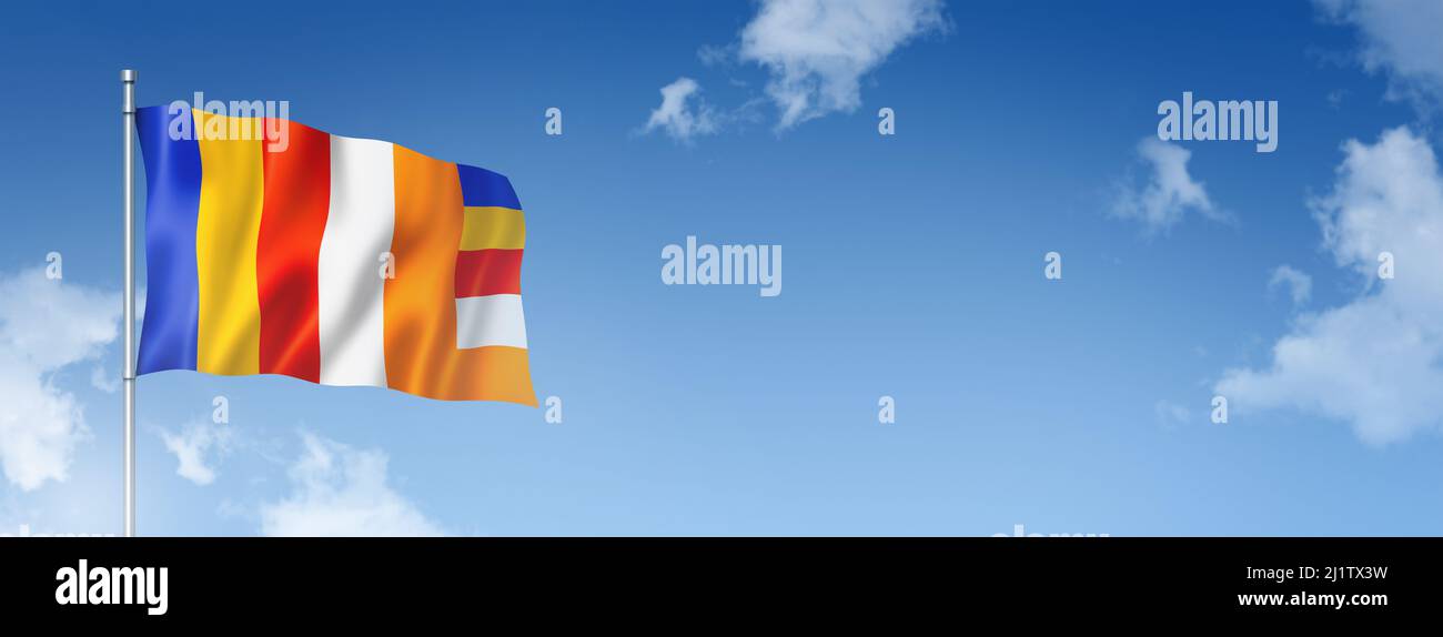 Buddhism flag, three dimensional render, isolated on a blue sky ...