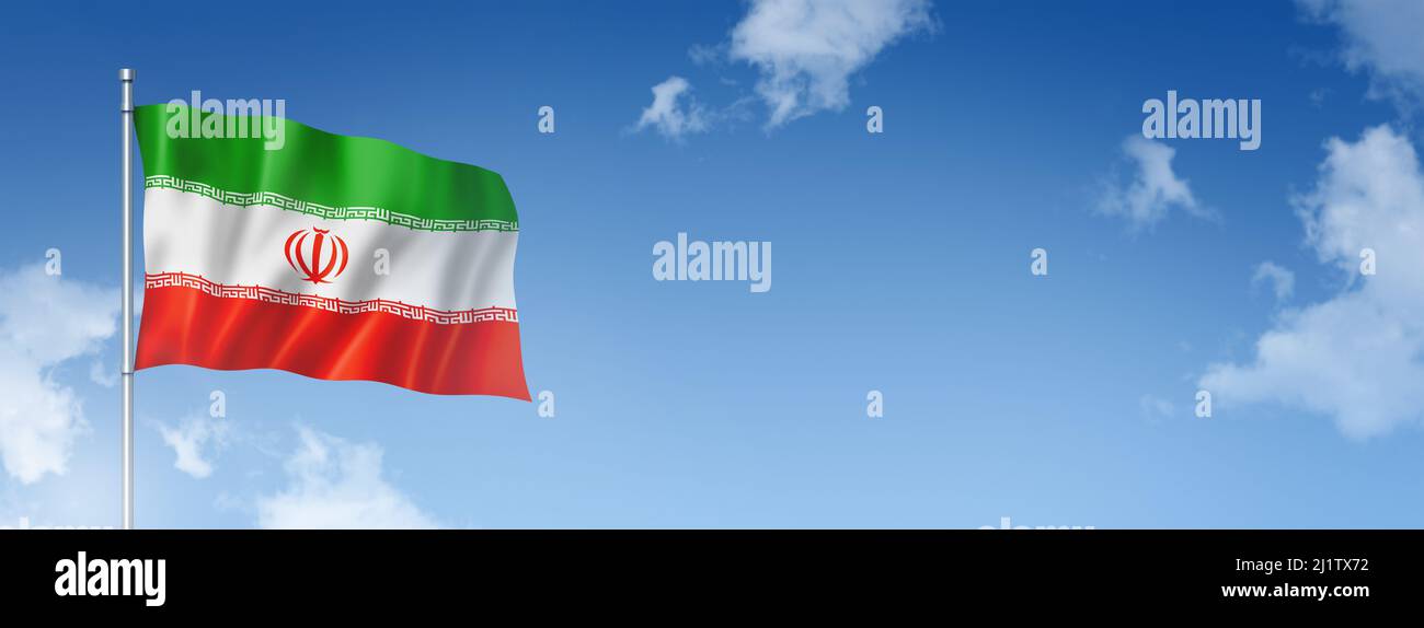 Iran flag, three dimensional render, isolated on a blue sky. Horizontal ...