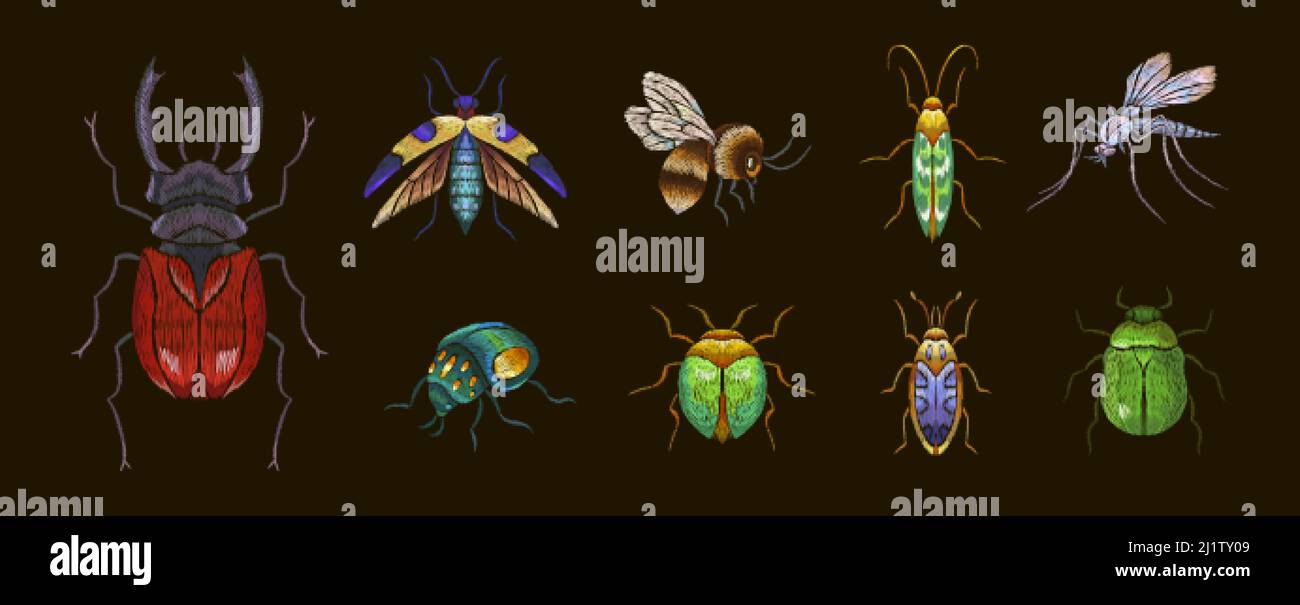Embroidery insects. Bee, insect stitch patch. Flying bug and butterfly ...