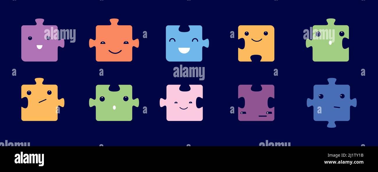 Cute cartoon puzzle set. Kawaii happy faces jigsaw elements, diverse ...
