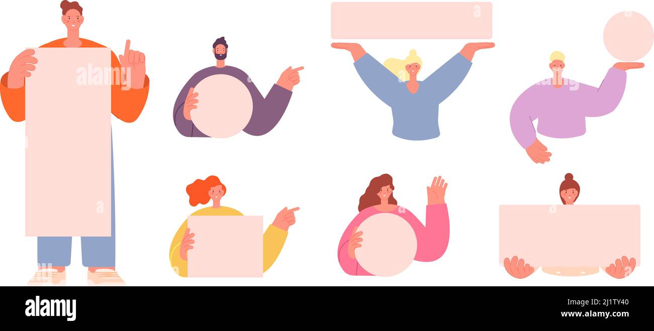 People pointing on something. Woman man holding banners, happy person ...