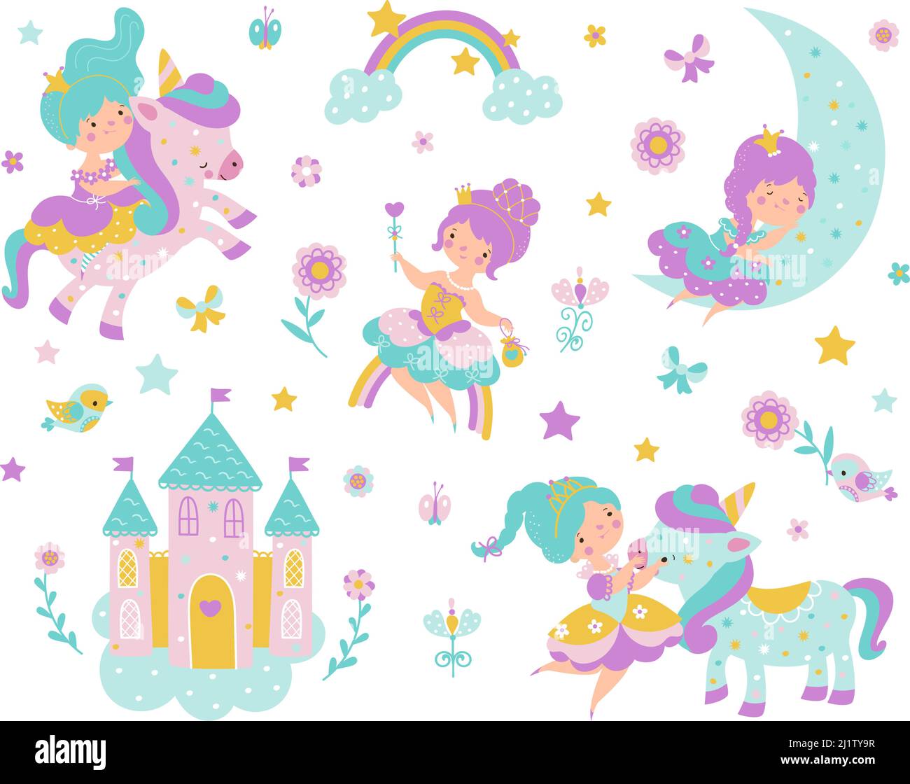 Card cute unicorns rainbow fairytale princess castle Stock Vector ...