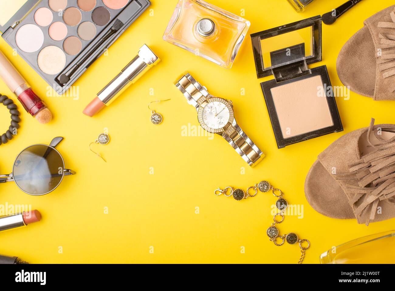 Woman summer accessories collage on yellow background, flat lay, top ...