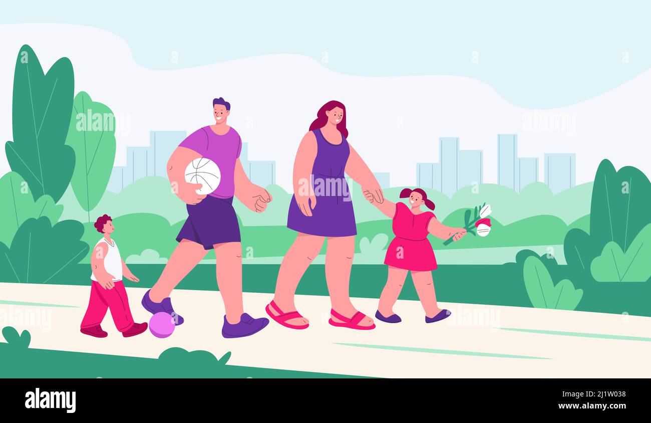 Family walking in city park. People on weekend, cartoon man woman and ...