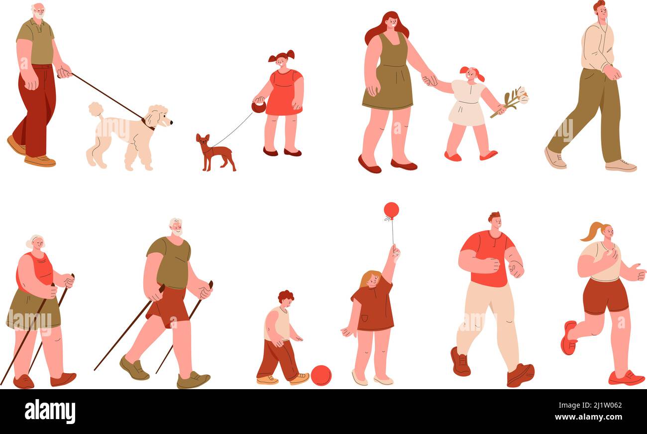 Cartoon people walking outdoor. Children and adults, senior activity ...