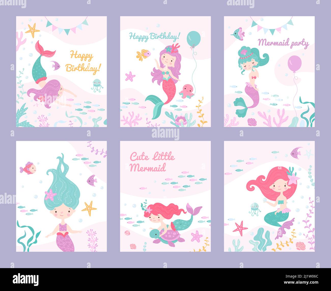 Mermaid invite cards. Children invitation, birthday party or postcards ...