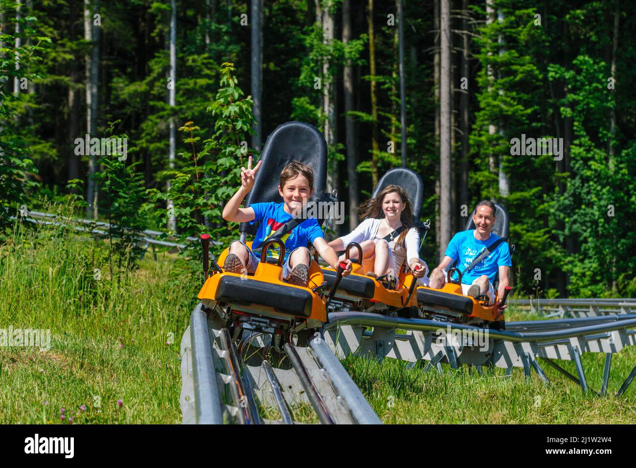 Family has a lot of fun while doing a sleigh ride in summertime Stock ...