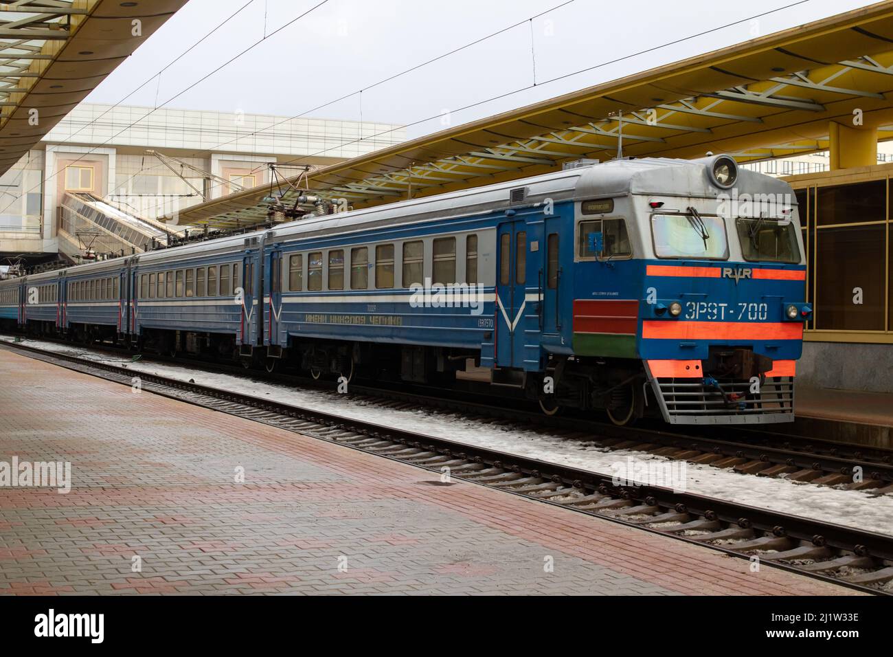 Belarus, Minsk - 20 march, 2022: Trains at the railway station close up ...