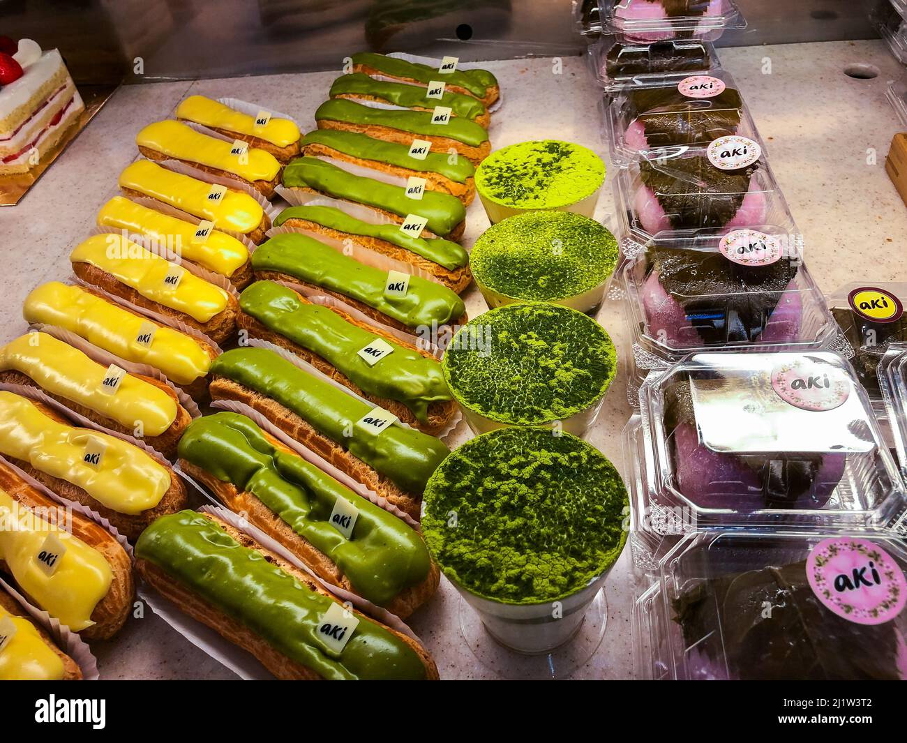 Paris, France, Close up, Japanese Pastries on display inside Bakery ...